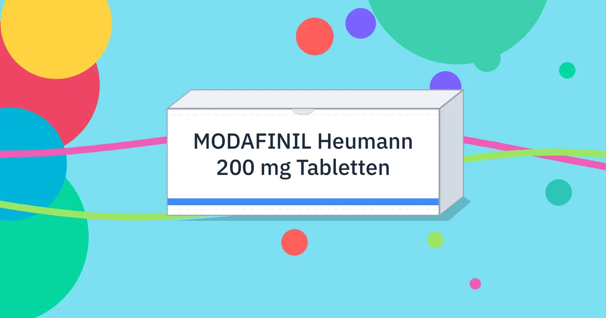 Symbolbild: Packung mit der Aufschrift MODAFINIL Heumann 200 mg Tabletten (PZN 14403434) – Verfügbarkeit und Bezug in Apotheken in Frankfurt am Main