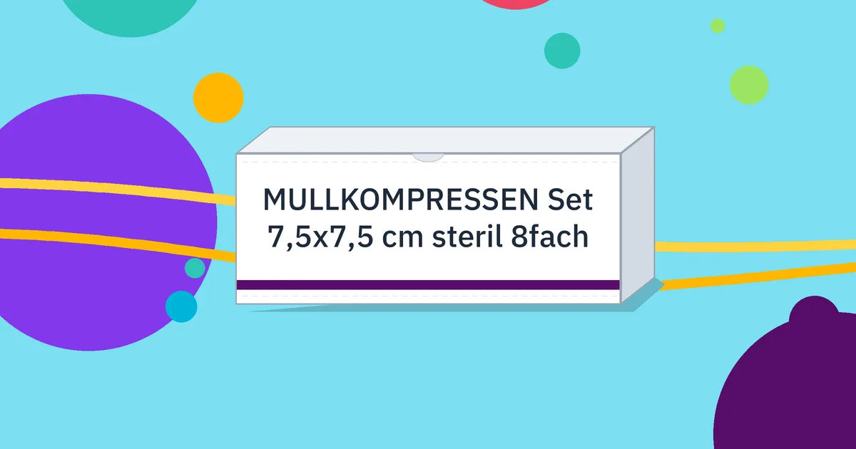 Symbolbild: Packung mit der Aufschrift MULLKOMPRESSEN Set 7,5x7,5 cm steril 8fach (PZN 09945989) – Verfügbarkeit und Bezug in Apotheken in Frankfurt am Main