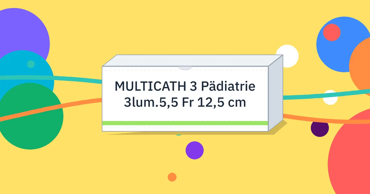Symbolbild: Packung mit der Aufschrift MULTICATH 3 Pädiatrie 3lum.5,5 Fr 12,5 cm (PZN 10174617) – Verfügbarkeit und Bezug in Apotheken in Frankfurt am Main