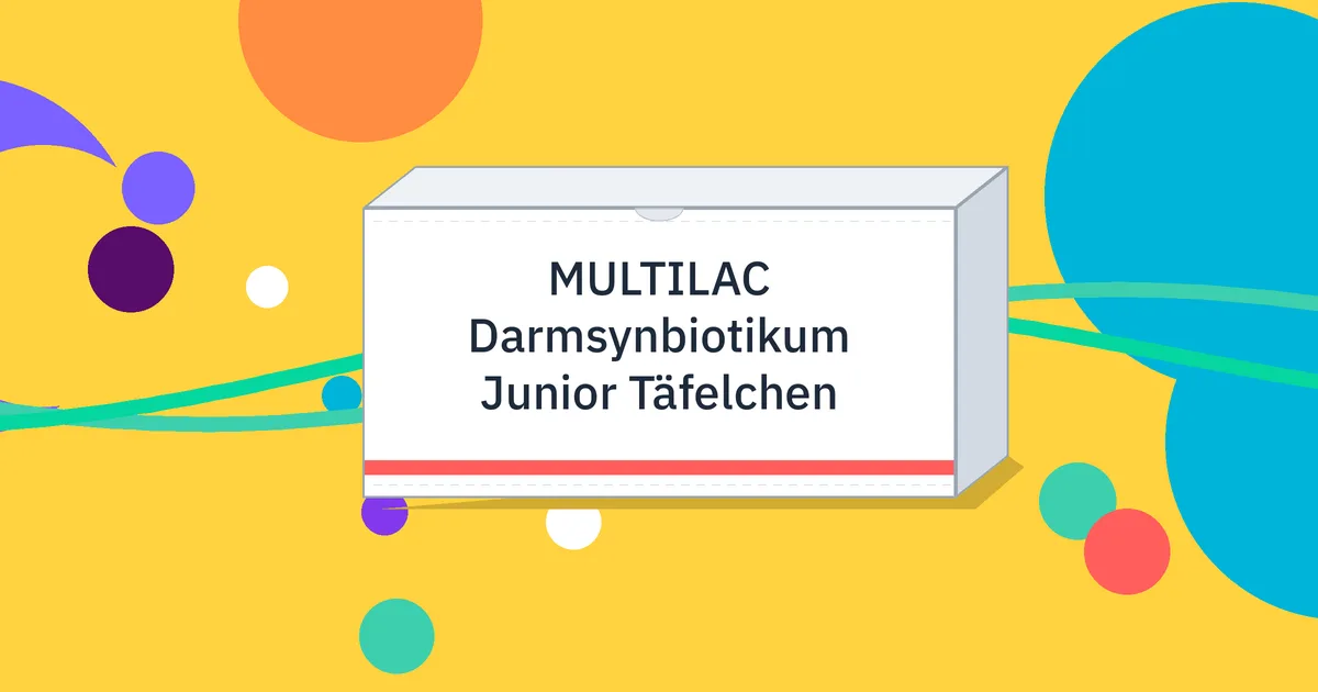 Symbolbild: Packung mit der Aufschrift MULTILAC Darmsynbiotikum Junior Täfelchen (PZN 20059047) – Verfügbarkeit und Bezug in Apotheken in Frankfurt am Main