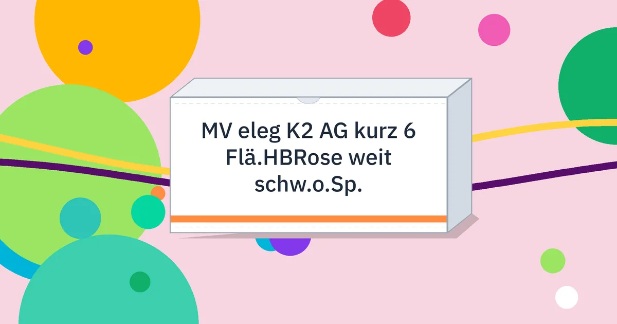 Symbolbild: Packung mit der Aufschrift MV eleg K2 AG kurz 6 Flä.HBRose weit schw.o.Sp. (PZN 15707082) – Verfügbarkeit und Bezug in Apotheken in Frankfurt am Main