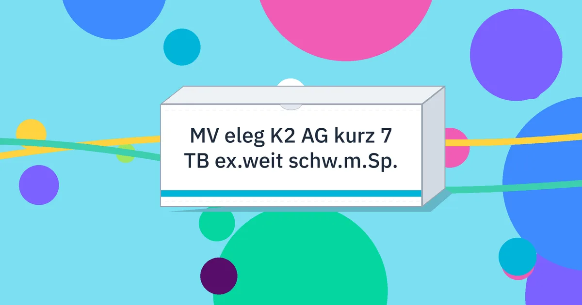 Symbolbild: Packung mit der Aufschrift MV eleg K2 AG kurz 7 TB ex.weit schw.m.Sp. (PZN 09880882) – Verfügbarkeit und Bezug in Apotheken in Frankfurt am Main
