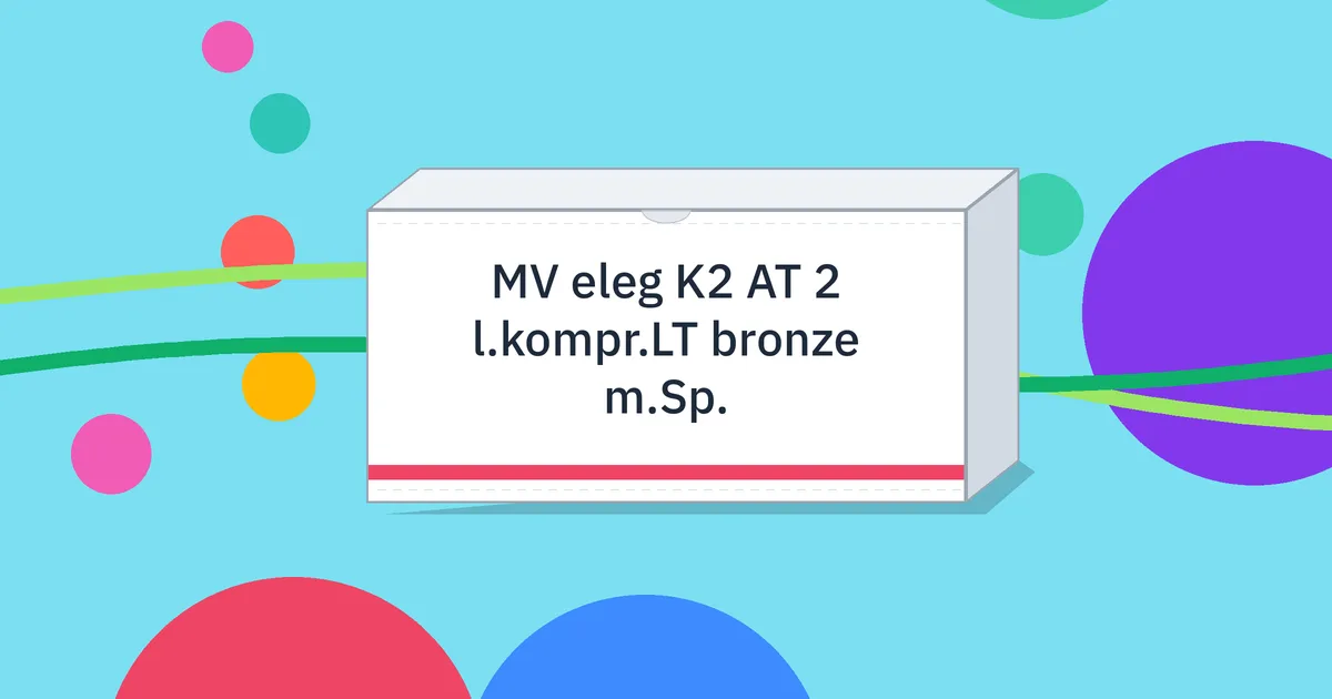 Symbolbild: Packung mit der Aufschrift MV eleg K2 AT 2 l.kompr.LT bronze m.Sp. (PZN 15285095) – Verfügbarkeit und Bezug in Apotheken in Frankfurt am Main