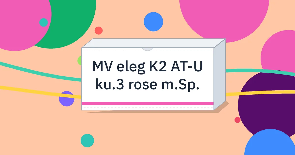 Symbolbild: Packung mit der Aufschrift MV eleg K2 AT-U ku.3 rose m.Sp. (PZN 15292215) – Verfügbarkeit und Bezug in Apotheken in Frankfurt am Main