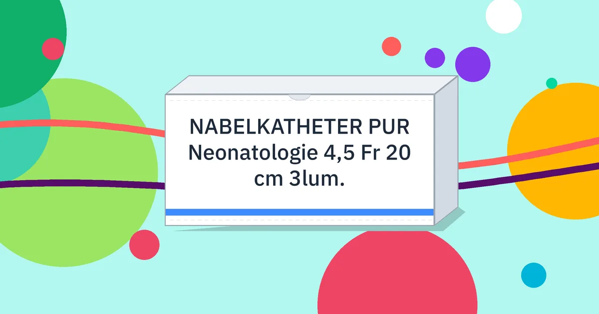 Symbolbild: Packung mit der Aufschrift NABELKATHETER PUR Neonatologie 4,5 Fr 20 cm 3lum. (PZN 14339133) – Verfügbarkeit und Bezug in Apotheken in Frankfurt am Main