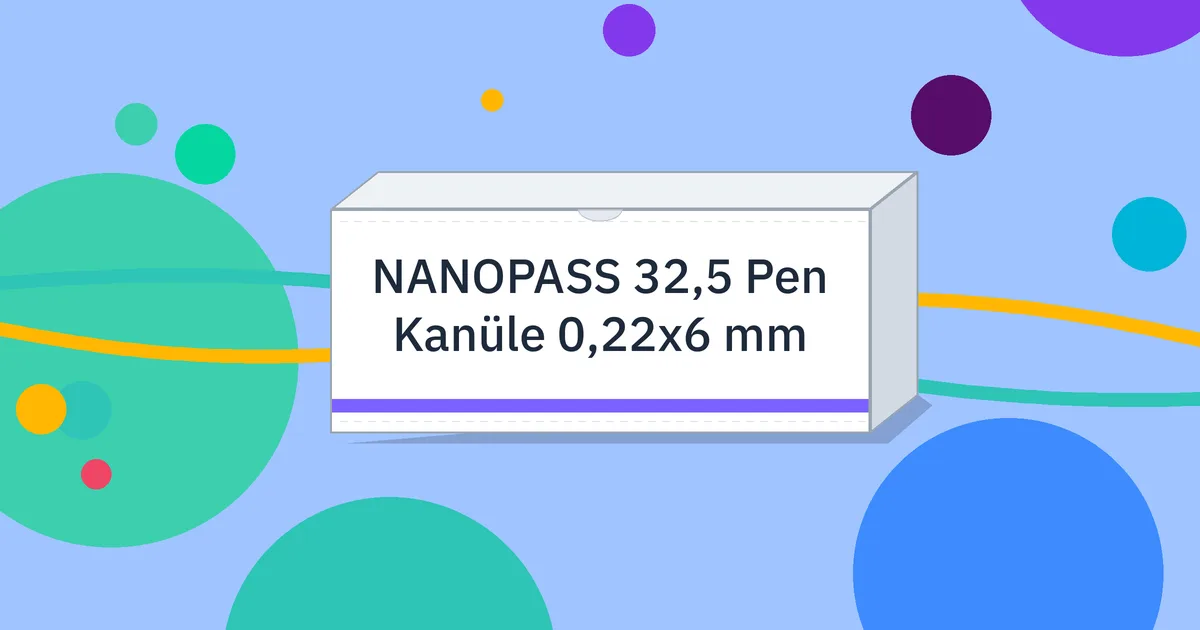 Symbolbild: Packung mit der Aufschrift NANOPASS 32,5 Pen Kanüle 0,22x6 mm (PZN 19300874) – Verfügbarkeit und Bezug in Apotheken in Frankfurt am Main