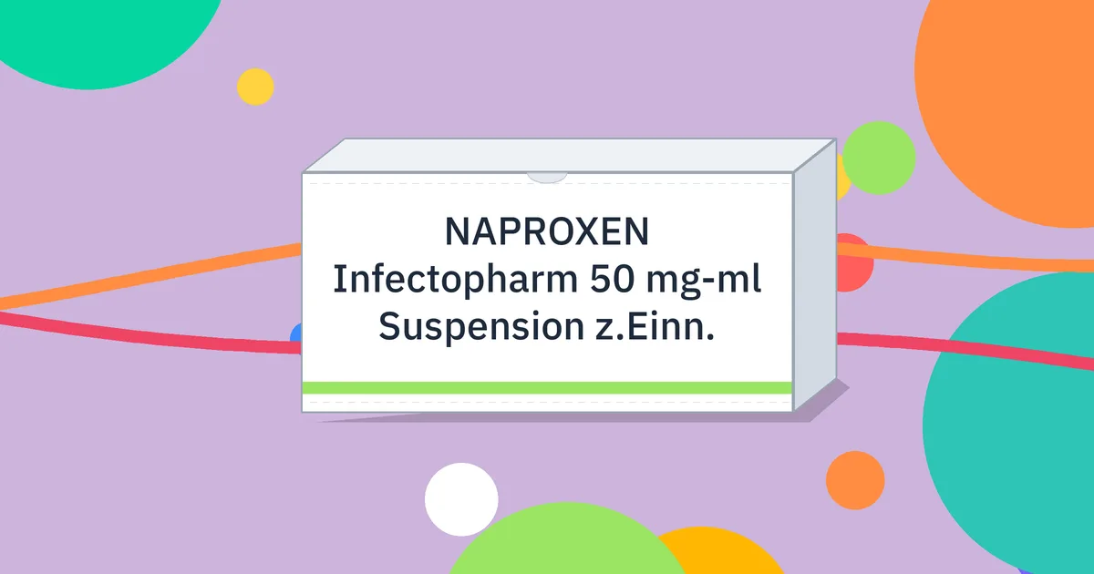 Symbolbild: Packung mit der Aufschrift NAPROXEN Infectopharm 50 mg-ml Suspension z.Einn. (PZN 12482228) – Verfügbarkeit und Bezug in Apotheken in Frankfurt am Main