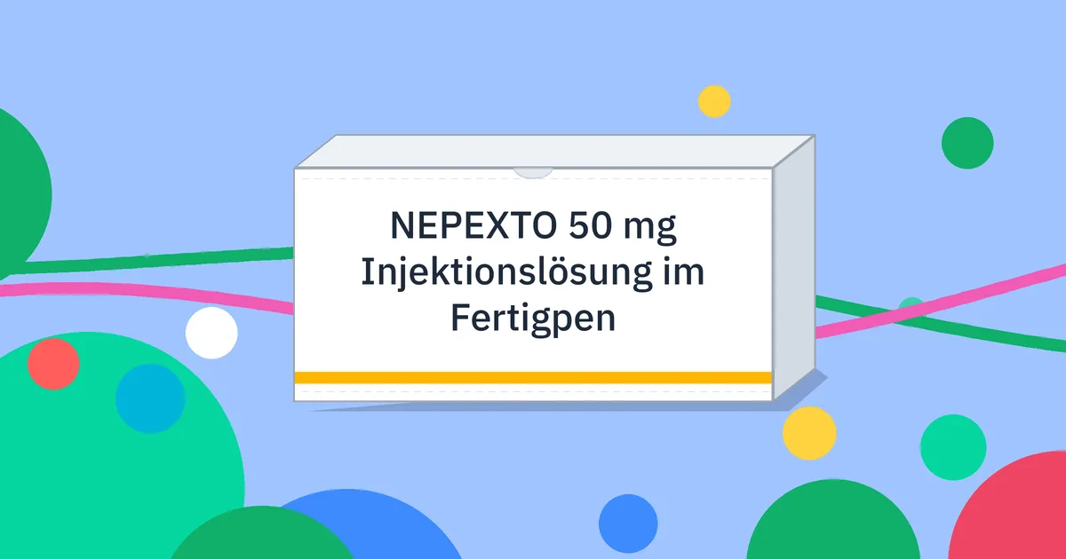 Symbolbild: Packung mit der Aufschrift NEPEXTO 50 mg Injektionslösung im Fertigpen (PZN 18227336) – Verfügbarkeit und Bezug in Apotheken in Frankfurt am Main