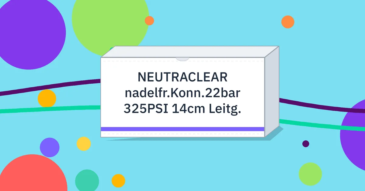 Symbolbild: Packung mit der Aufschrift NEUTRACLEAR nadelfr.Konn.22bar 325PSI 14cm Leitg. (PZN 18469358) – Verfügbarkeit und Bezug in Apotheken in Frankfurt am Main