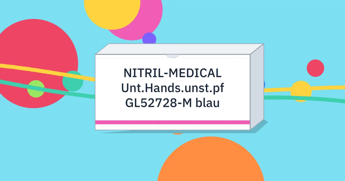 Symbolbild: Packung mit der Aufschrift NITRIL-MEDICAL Unt.Hands.unst.pf GL52728-M blau (PZN 18408339) – Verfügbarkeit und Bezug in Apotheken in Frankfurt am Main