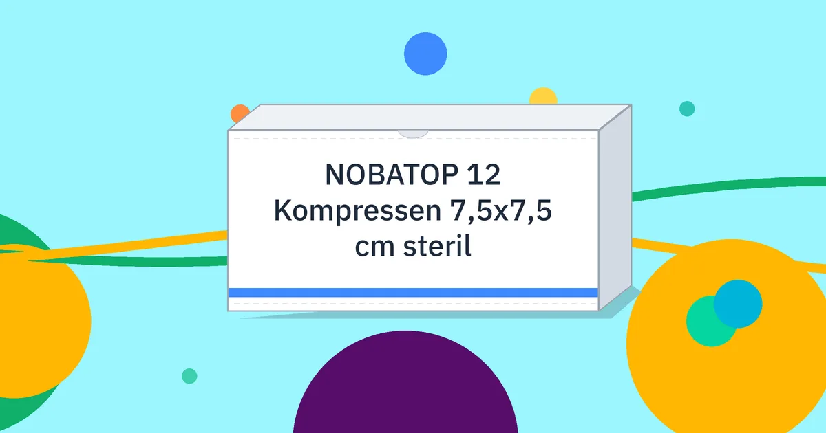 Symbolbild: Packung mit der Aufschrift NOBATOP 12 Kompressen 7,5x7,5 cm steril (PZN 11143866) – Verfügbarkeit und Bezug in Apotheken in Frankfurt am Main