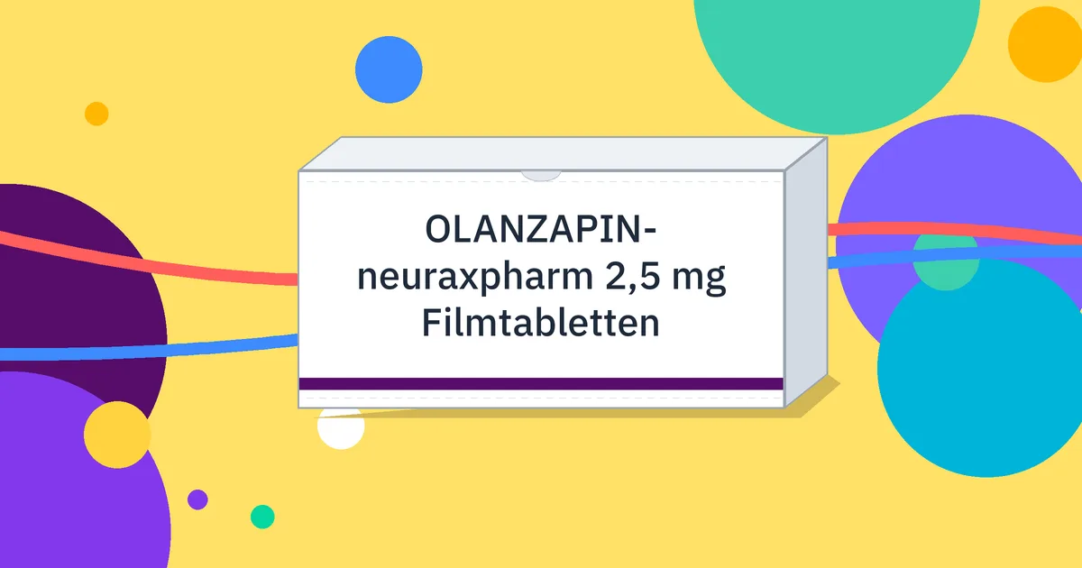 Symbolbild: Packung mit der Aufschrift OLANZAPIN-neuraxpharm 2,5 mg Filmtabletten (PZN 06082625) – Verfügbarkeit und Bezug in Apotheken in Frankfurt am Main