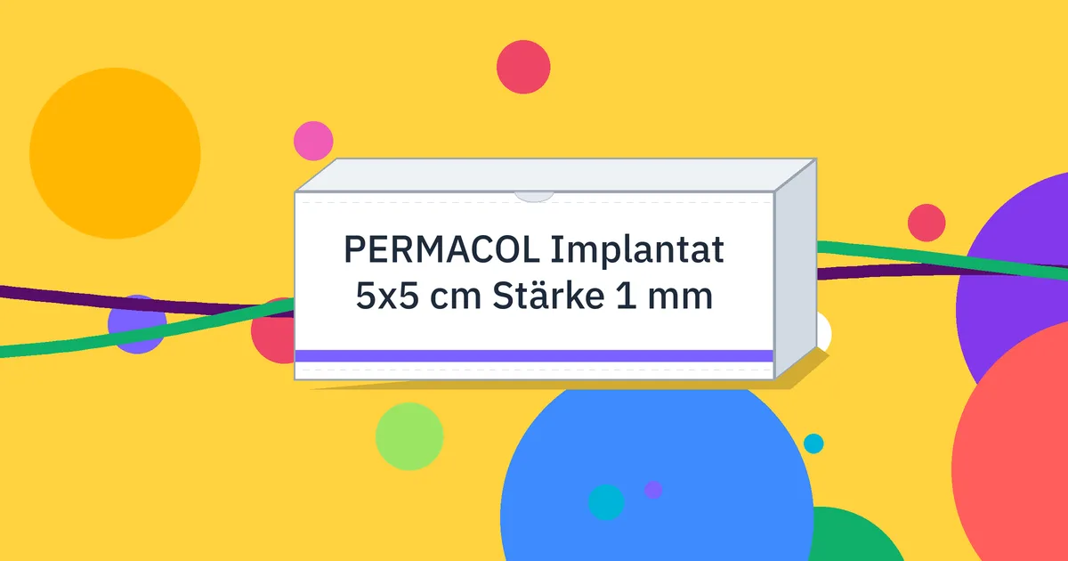 Symbolbild: Packung mit der Aufschrift PERMACOL Implantat 5x5 cm Stärke 1 mm (PZN 05869582) – Verfügbarkeit und Bezug in Apotheken in Frankfurt am Main