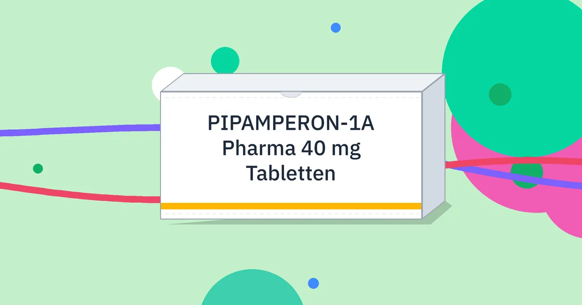 Symbolbild: Packung mit der Aufschrift PIPAMPERON-1A Pharma 40 mg Tabletten (PZN 06861499) – Verfügbarkeit und Bezug in Apotheken in Frankfurt am Main