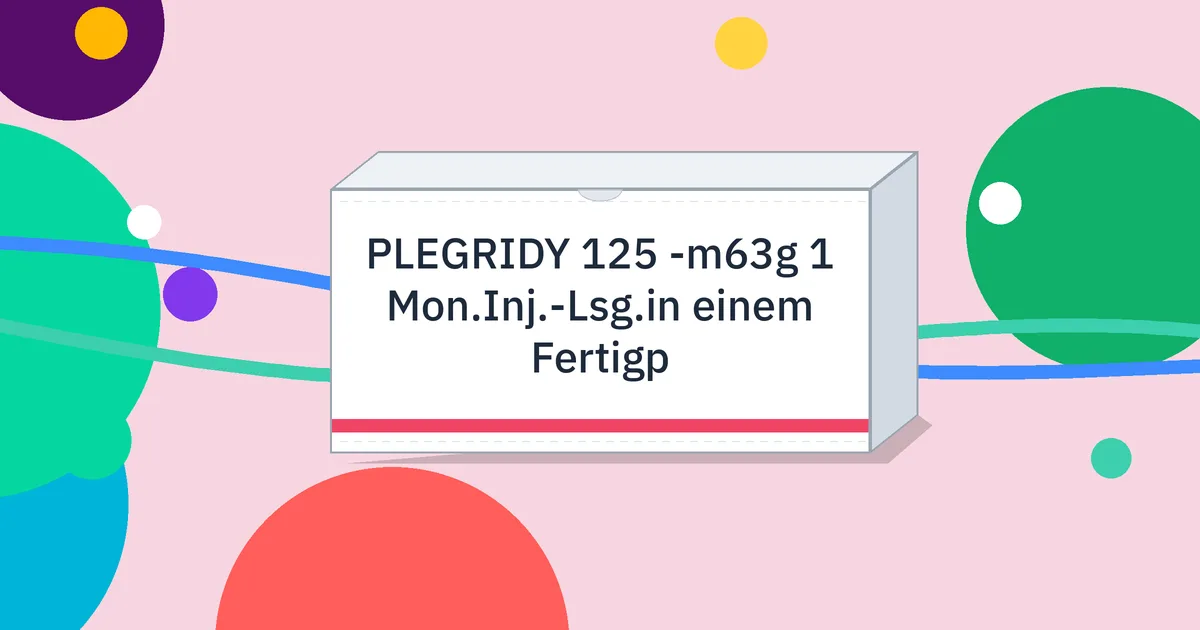 Symbolbild: Packung mit der Aufschrift PLEGRIDY 125 -m63g 1 Mon.Inj.-Lsg.in einem Fertigp (PZN 16606779) – Verfügbarkeit und Bezug in Apotheken in Frankfurt am Main
