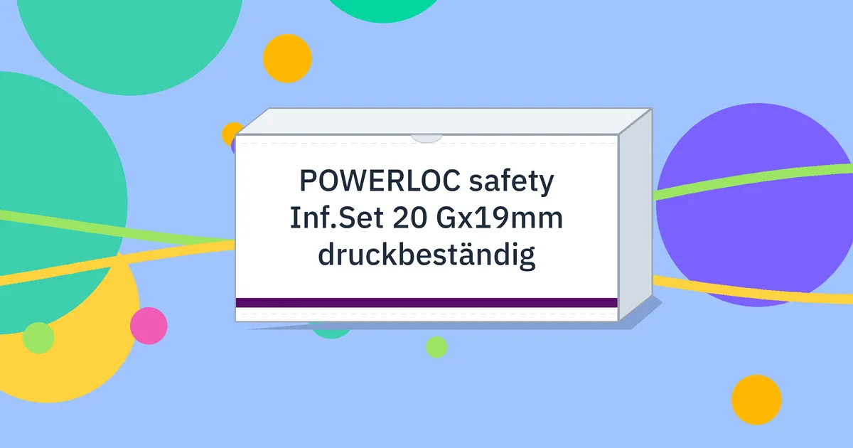 Symbolbild: Packung mit der Aufschrift POWERLOC safety Inf.Set 20 Gx19mm druckbeständig (PZN 18816742) – Verfügbarkeit und Bezug in Apotheken in Frankfurt am Main