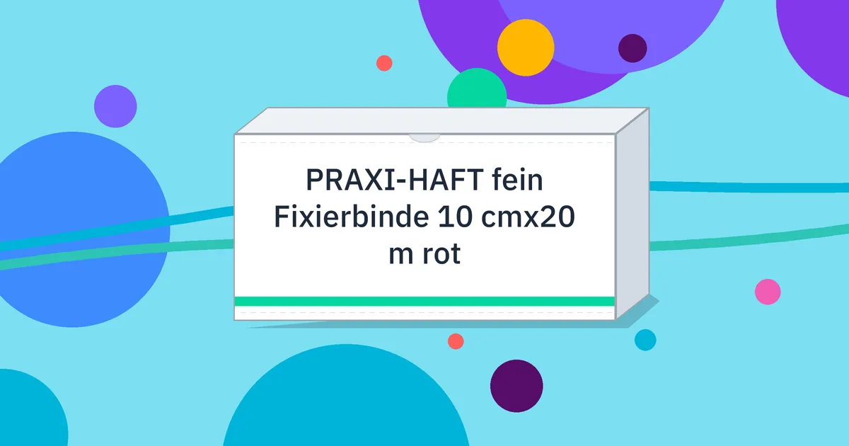 Symbolbild: Packung mit der Aufschrift PRAXI-HAFT fein Fixierbinde 10 cmx20 m rot (PZN 12826194) – Verfügbarkeit und Bezug in Apotheken in Frankfurt am Main