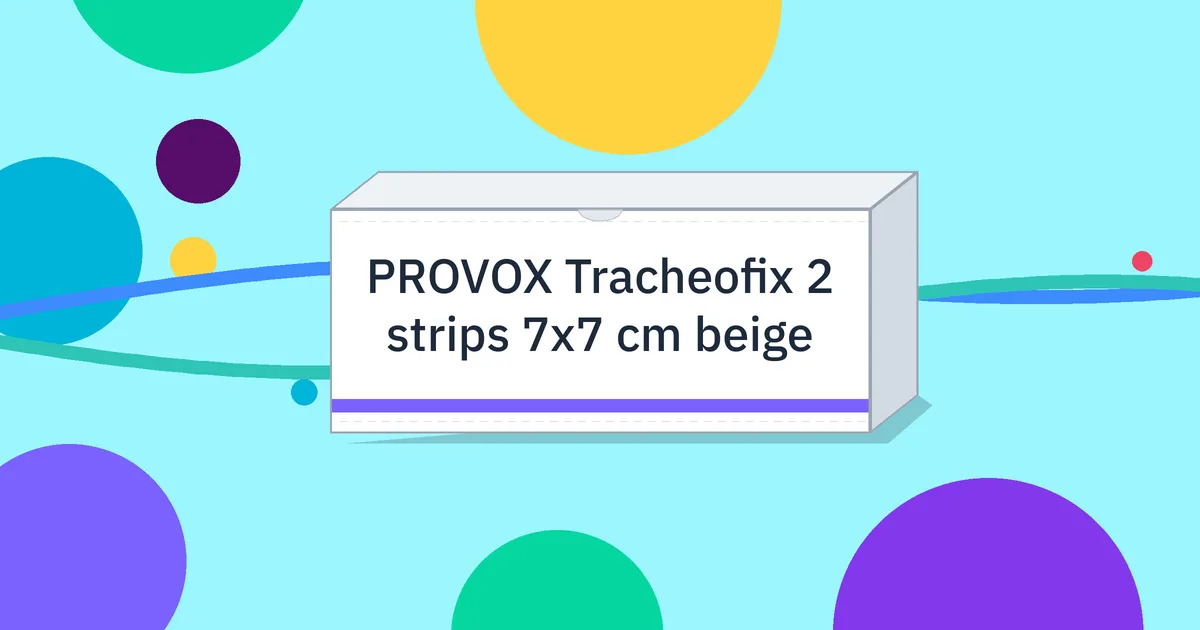 Symbolbild: Packung mit der Aufschrift PROVOX Tracheofix 2 strips 7x7 cm beige (PZN 00140882) – Verfügbarkeit und Bezug in Apotheken in Frankfurt am Main