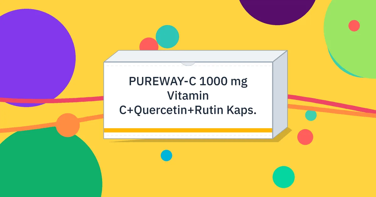 Symbolbild: Packung mit der Aufschrift PUREWAY-C 1000 mg Vitamin C+Quercetin+Rutin Kaps. (PZN 18780033) – Verfügbarkeit und Bezug in Apotheken in Frankfurt am Main