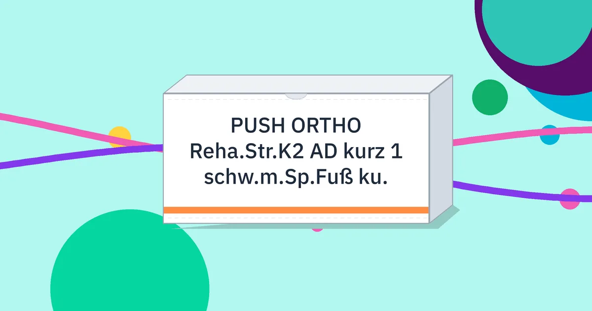 Symbolbild: Packung mit der Aufschrift PUSH ORTHO Reha.Str.K2 AD kurz 1 schw.m.Sp.Fuß ku. (PZN 19157514) – Verfügbarkeit und Bezug in Apotheken in Frankfurt am Main