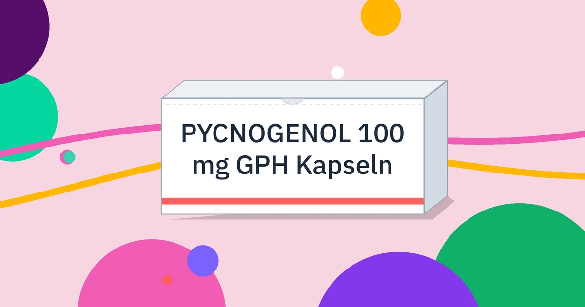 Symbolbild: Packung mit der Aufschrift PYCNOGENOL 100 mg GPH Kapseln (PZN 09180877) – Verfügbarkeit und Bezug in Apotheken in Frankfurt am Main