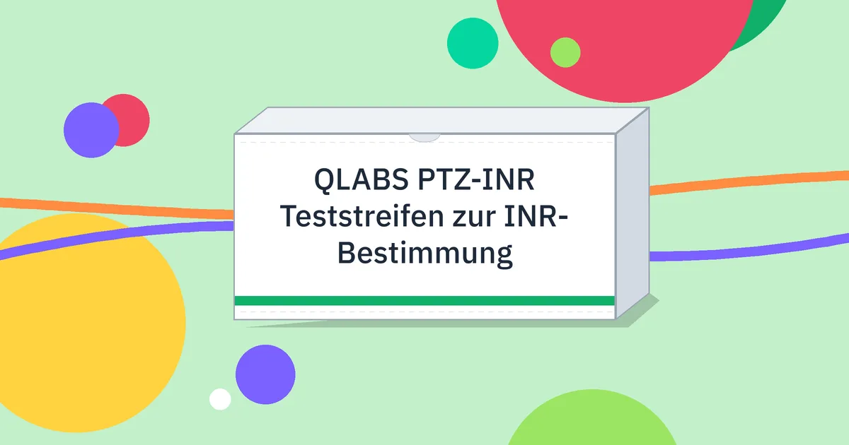 Symbolbild: Packung mit der Aufschrift QLABS PTZ-INR Teststreifen zur INR-Bestimmung (PZN 12561577) – Verfügbarkeit und Bezug in Apotheken in Frankfurt am Main