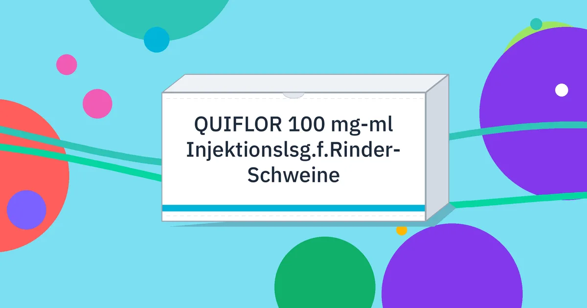 Symbolbild: Packung mit der Aufschrift QUIFLOR 100 mg-ml Injektionslsg.f.Rinder-Schweine (PZN 10231640) – Verfügbarkeit und Bezug in Apotheken in Frankfurt am Main