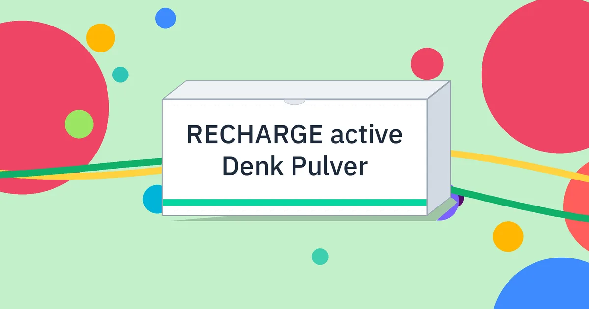 Symbolbild: Packung mit der Aufschrift RECHARGE active Denk Pulver (PZN 15266689) – Verfügbarkeit und Bezug in Apotheken in Frankfurt am Main