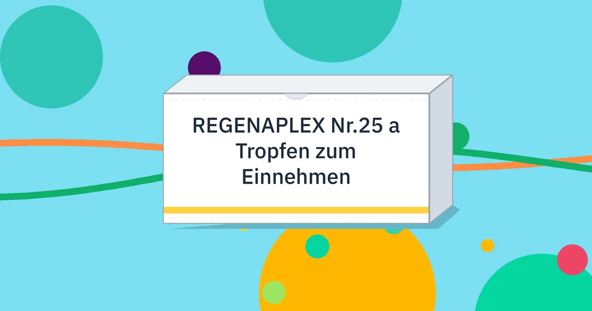 Symbolbild: Packung mit der Aufschrift REGENAPLEX Nr.25 a Tropfen zum Einnehmen (PZN 02642205) – Verfügbarkeit und Bezug in Apotheken in Frankfurt am Main