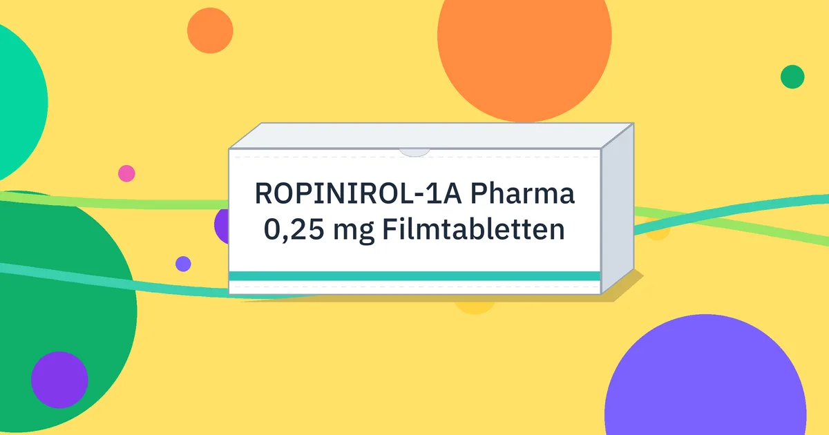 Symbolbild: Packung mit der Aufschrift ROPINIROL-1A Pharma 0,25 mg Filmtabletten (PZN 05460203) – Verfügbarkeit und Bezug in Apotheken in Frankfurt am Main