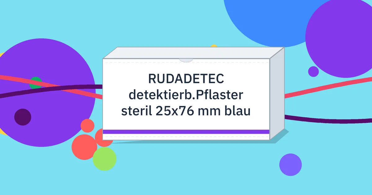 Symbolbild: Packung mit der Aufschrift RUDADETEC detektierb.Pflaster steril 25x76 mm blau (PZN 13353579) – Verfügbarkeit und Bezug in Apotheken in Frankfurt am Main