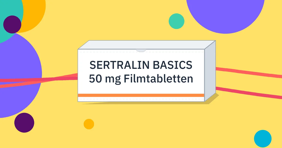 Symbolbild: Packung mit der Aufschrift SERTRALIN BASICS 50 mg Filmtabletten (PZN 00597133) – Verfügbarkeit und Bezug in Apotheken in Frankfurt am Main