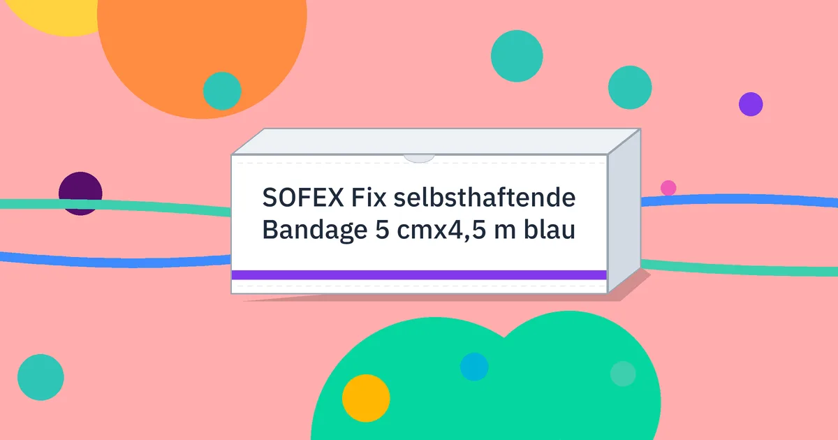Symbolbild: Packung mit der Aufschrift SOFEX Fix selbsthaftende Bandage 5 cmx4,5 m blau (PZN 18219414) – Verfügbarkeit und Bezug in Apotheken in Frankfurt am Main