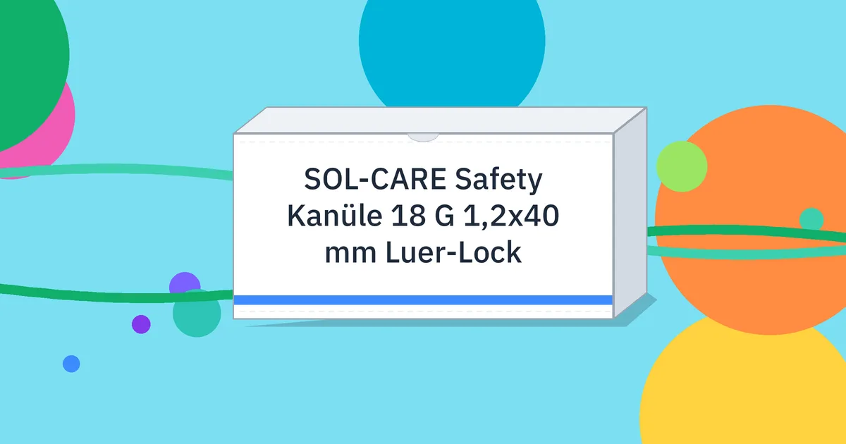 Symbolbild: Packung mit der Aufschrift SOL-CARE Safety Kanüle 18 G 1,2x40 mm Luer-Lock (PZN 20328062) – Verfügbarkeit und Bezug in Apotheken in Frankfurt am Main