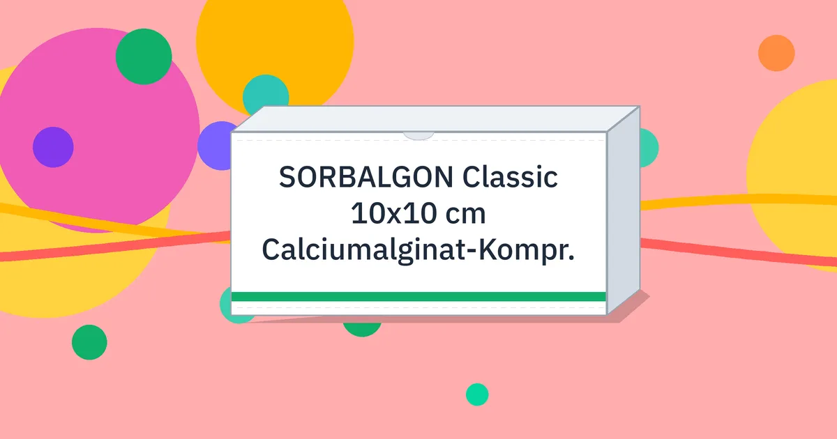 Symbolbild: Packung mit der Aufschrift SORBALGON Classic 10x10 cm Calciumalginat-Kompr. (PZN 19398784) – Verfügbarkeit und Bezug in Apotheken in Frankfurt am Main