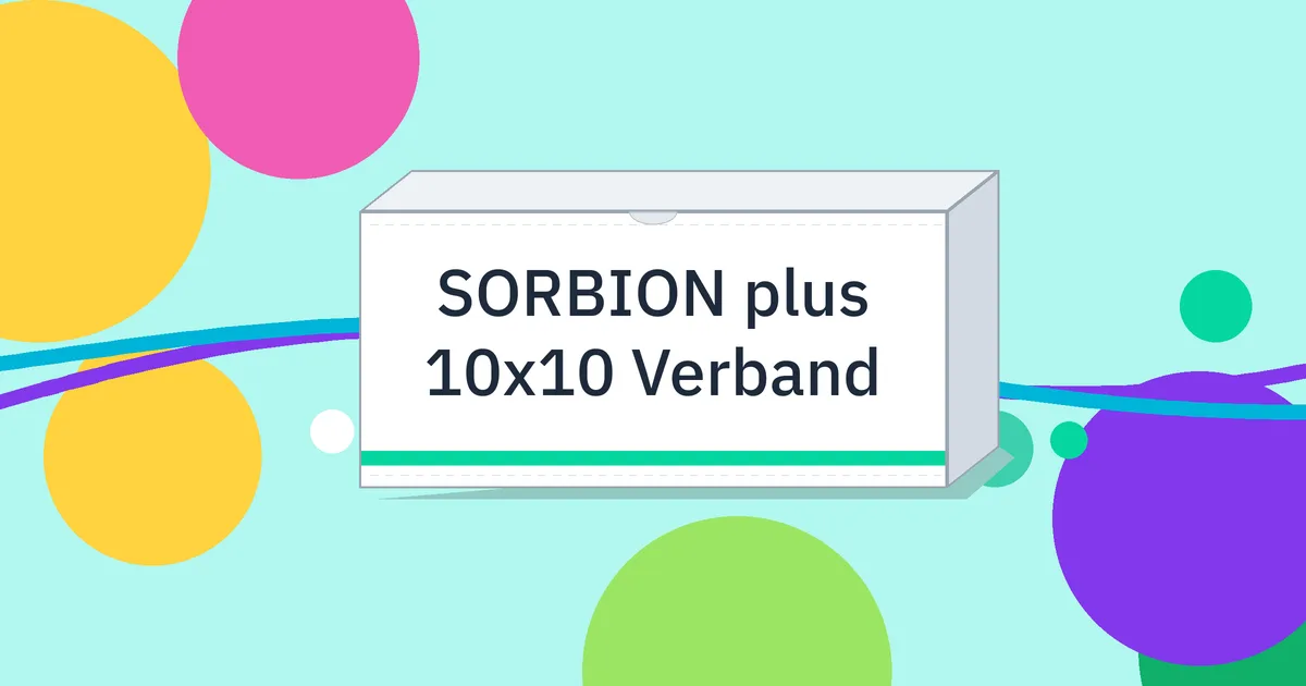 Symbolbild: Packung mit der Aufschrift SORBION plus 10x10 Verband (PZN 06099287) – Verfügbarkeit und Bezug in Apotheken in Frankfurt am Main