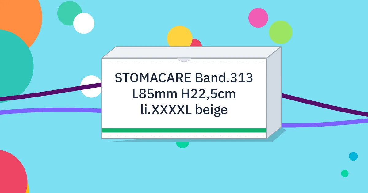 Symbolbild: Packung mit der Aufschrift STOMACARE Band.313 L85mm H22,5cm li.XXXXL beige (PZN 10840787) – Verfügbarkeit und Bezug in Apotheken in Frankfurt am Main