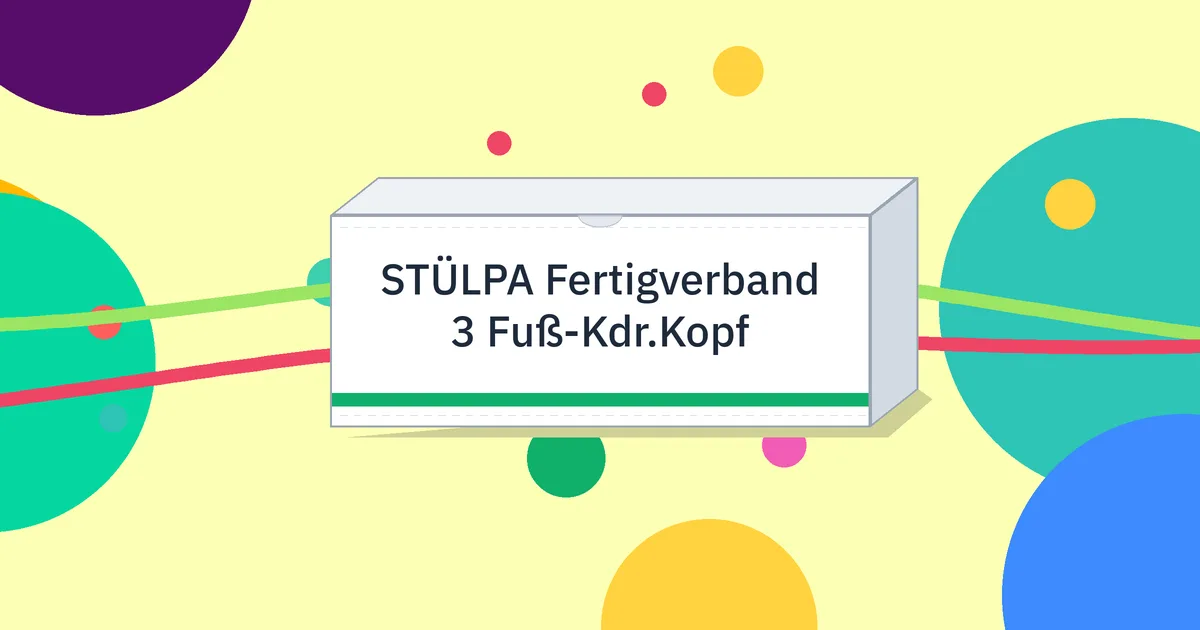 Symbolbild: Packung mit der Aufschrift STÜLPA Fertigverband 3 Fuß-Kdr.Kopf (PZN 09395477) – Verfügbarkeit und Bezug in Apotheken in Frankfurt am Main