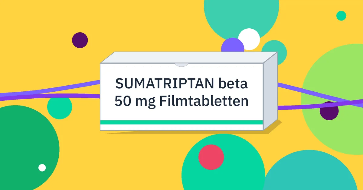 Symbolbild: Packung mit der Aufschrift SUMATRIPTAN beta 50 mg Filmtabletten (PZN 00118078) – Verfügbarkeit und Bezug in Apotheken in Frankfurt am Main