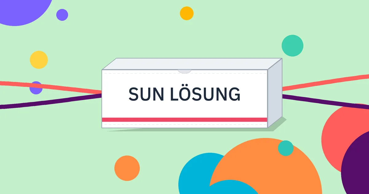 Symbolbild: Packung mit der Aufschrift SUN LÖSUNG (PZN 05022348) – Verfügbarkeit und Bezug in Apotheken in Frankfurt am Main