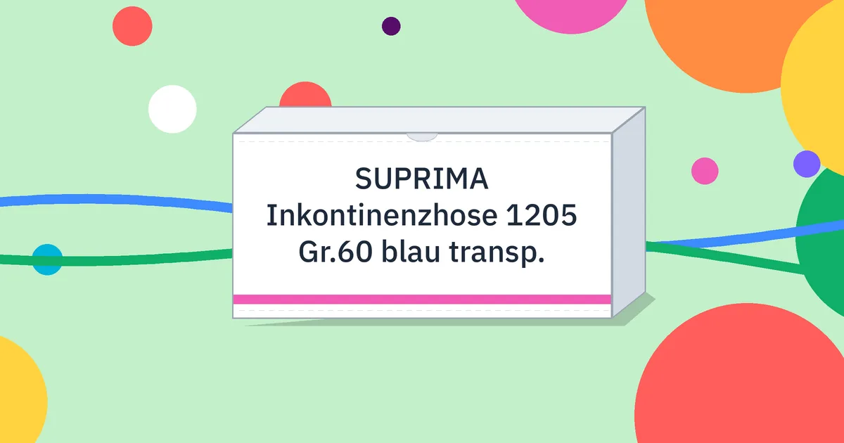 Symbolbild: Packung mit der Aufschrift SUPRIMA Inkontinenzhose 1205 Gr.60 blau transp. (PZN 01365749) – Verfügbarkeit und Bezug in Apotheken in Frankfurt am Main
