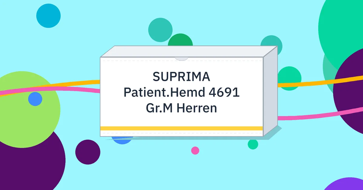 Symbolbild: Packung mit der Aufschrift SUPRIMA Patient.Hemd 4691 Gr.M Herren (PZN 04411450) – Verfügbarkeit und Bezug in Apotheken in Frankfurt am Main