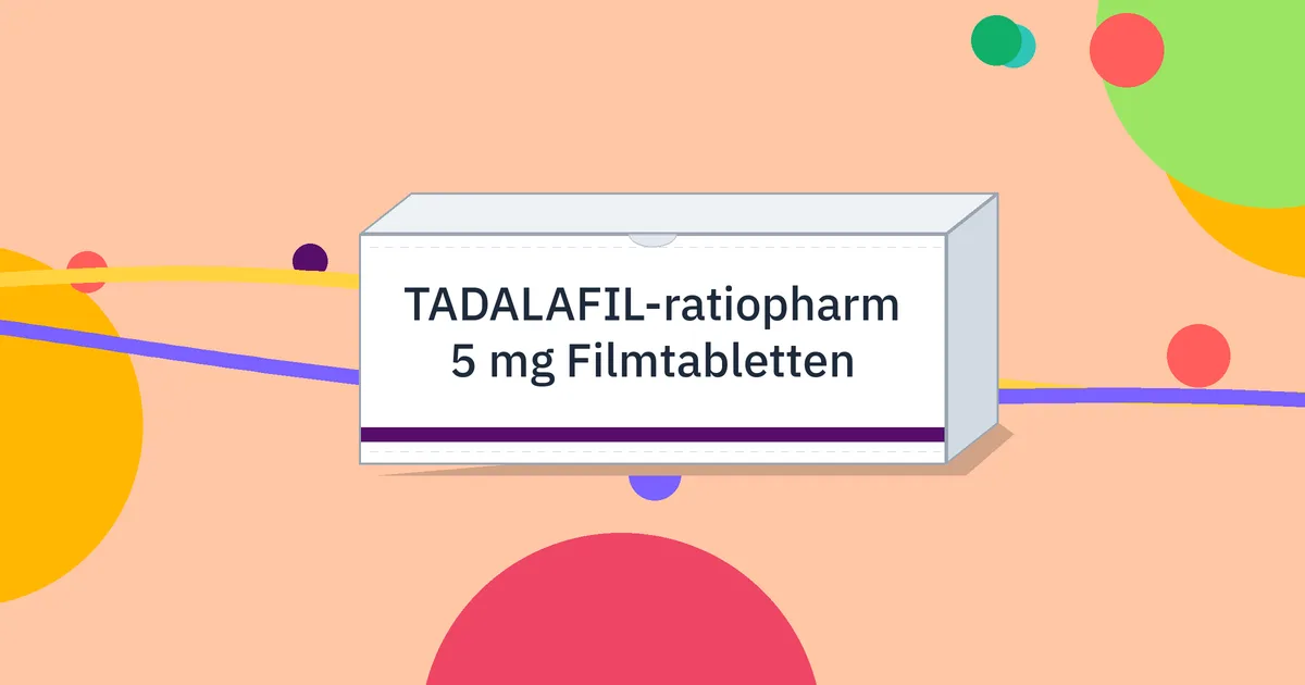 Symbolbild: Packung mit der Aufschrift TADALAFIL-ratiopharm 5 mg Filmtabletten (PZN 13168474) – Verfügbarkeit und Bezug in Apotheken in Frankfurt am Main