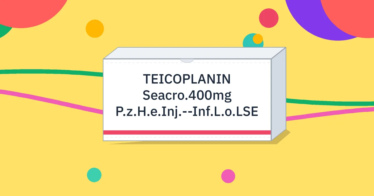 Symbolbild: Packung mit der Aufschrift TEICOPLANIN Seacro.400mg P.z.H.e.Inj.--Inf.L.o.LSE (PZN 19927685) – Verfügbarkeit und Bezug in Apotheken in Frankfurt am Main