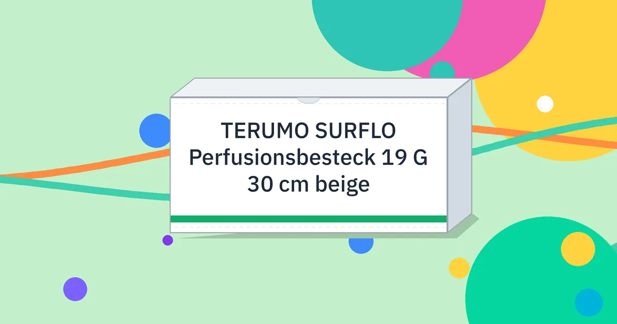 Symbolbild: Packung mit der Aufschrift TERUMO SURFLO Perfusionsbesteck 19 G 30 cm beige (PZN 09898132) – Verfügbarkeit und Bezug in Apotheken in Frankfurt am Main