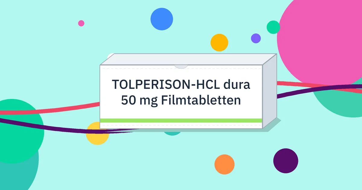Symbolbild: Packung mit der Aufschrift TOLPERISON-HCL dura 50 mg Filmtabletten (PZN 05360855) – Verfügbarkeit und Bezug in Apotheken in Frankfurt am Main
