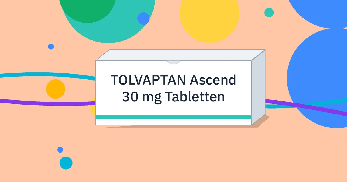 Symbolbild: Packung mit der Aufschrift TOLVAPTAN Ascend 30 mg Tabletten (PZN 18325547) – Verfügbarkeit und Bezug in Apotheken in Frankfurt am Main