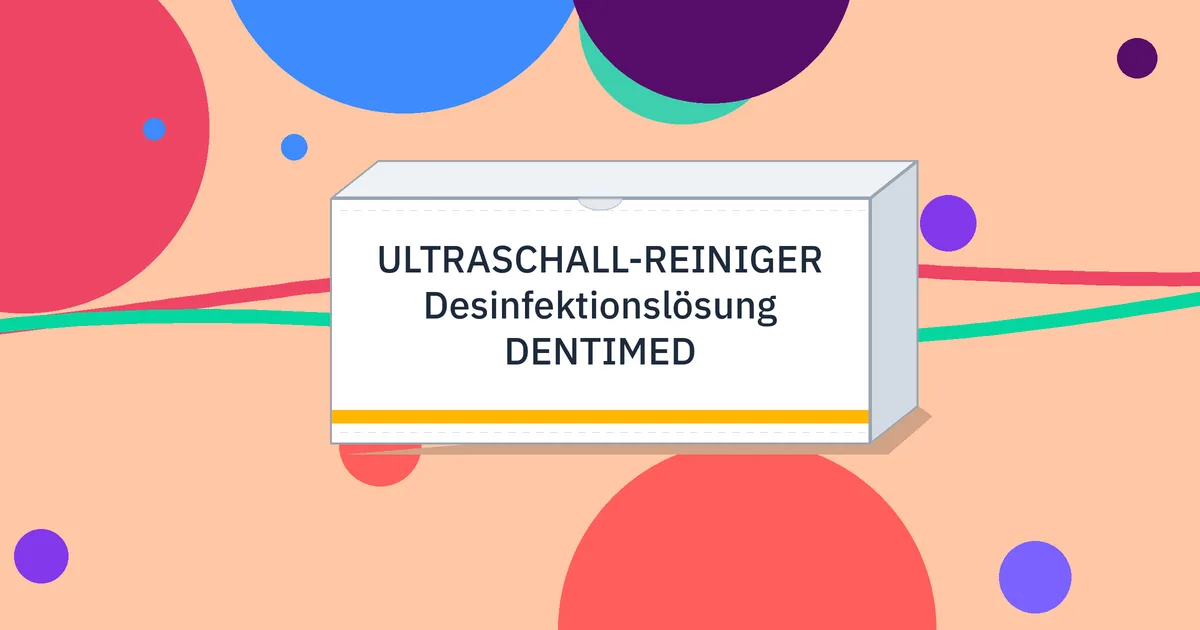 Symbolbild: Packung mit der Aufschrift ULTRASCHALL-REINIGER Desinfektionslösung DENTIMED (PZN 02049476) – Verfügbarkeit und Bezug in Apotheken in Frankfurt am Main