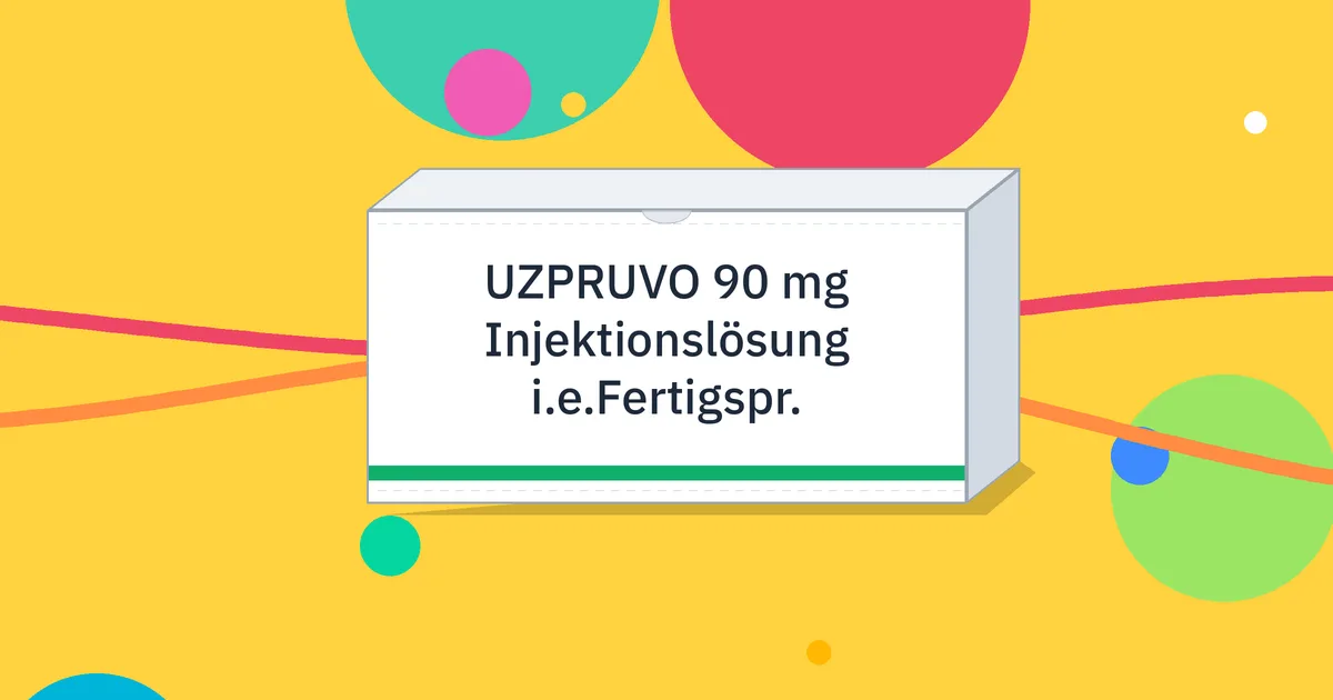 Symbolbild: Packung mit der Aufschrift UZPRUVO 90 mg Injektionslösung i.e.Fertigspr. (PZN 20223765) – Verfügbarkeit und Bezug in Apotheken in Frankfurt am Main