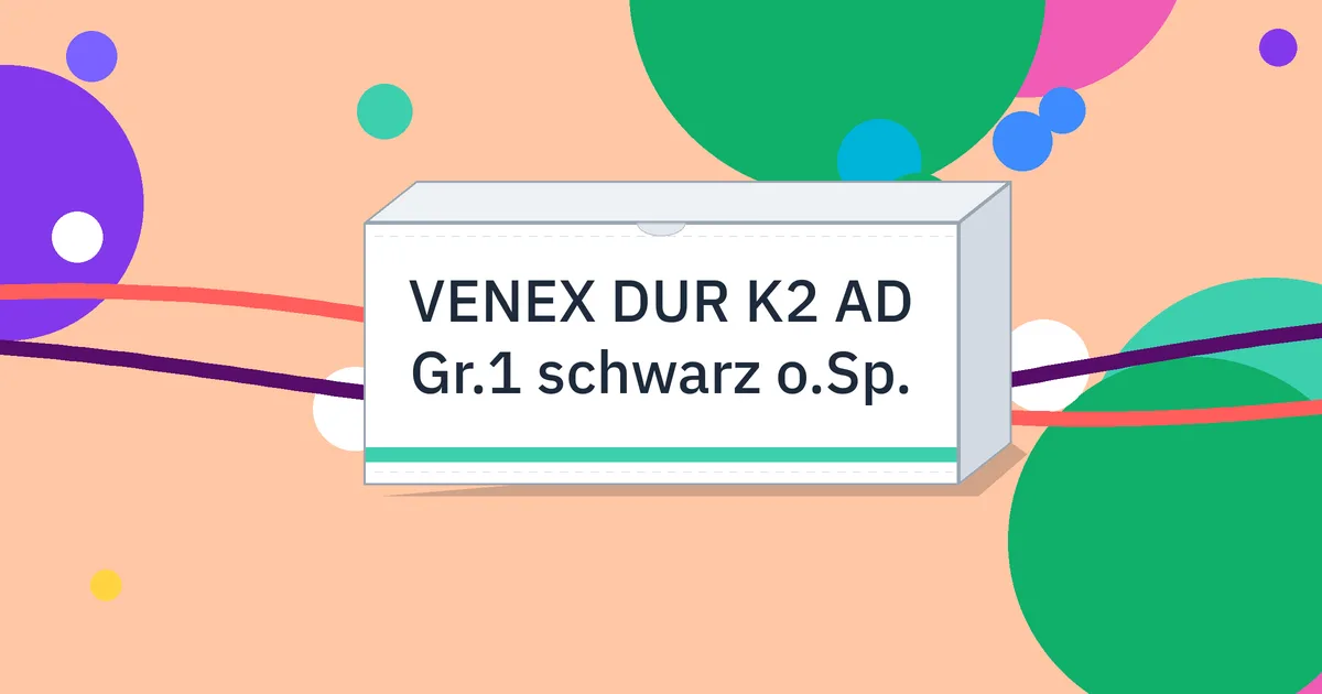 Symbolbild: Packung mit der Aufschrift VENEX DUR K2 AD Gr.1 schwarz o.Sp. (PZN 03212197) – Verfügbarkeit und Bezug in Apotheken in Frankfurt am Main